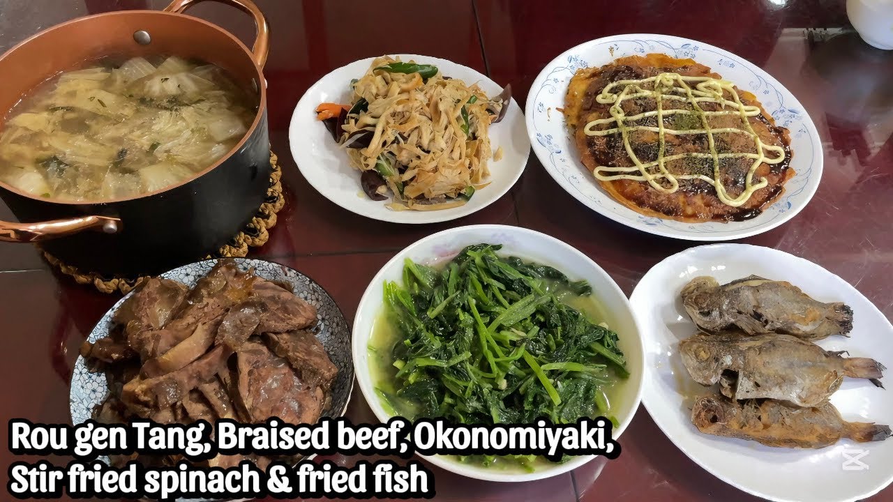 Cooking Okonomiyaki, Rou gen Tang, Braised beef, Stir fried Spinach ...