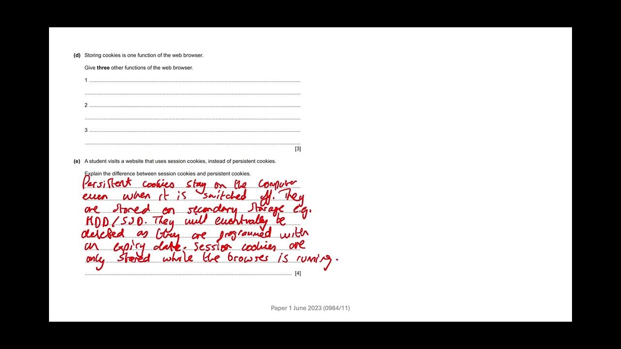 Q10 part E * PERSISTENT and SESSION COOKIES * Cambridge iGCSE Computer Science Paper 11 June ...