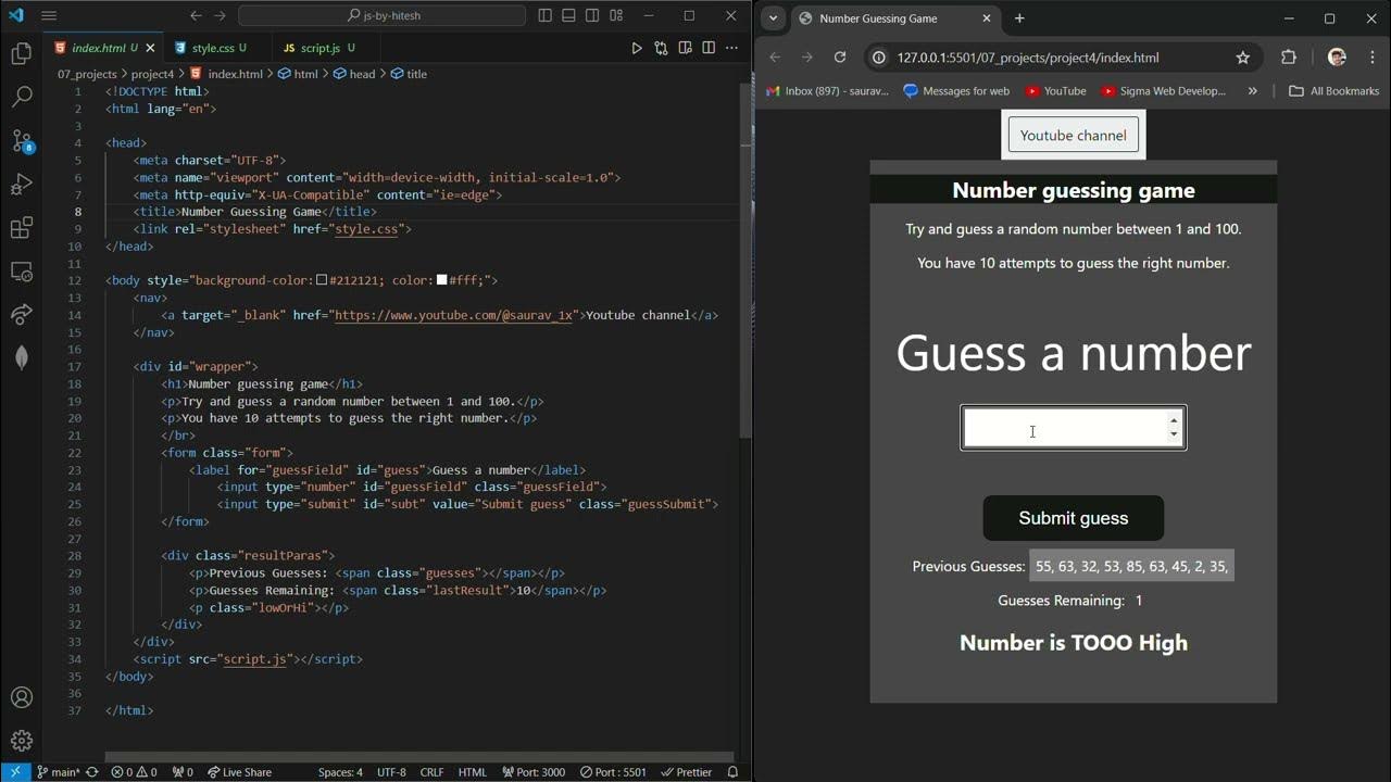 Guess A Number Javascript Jsproject Javascriptprojects Youtube