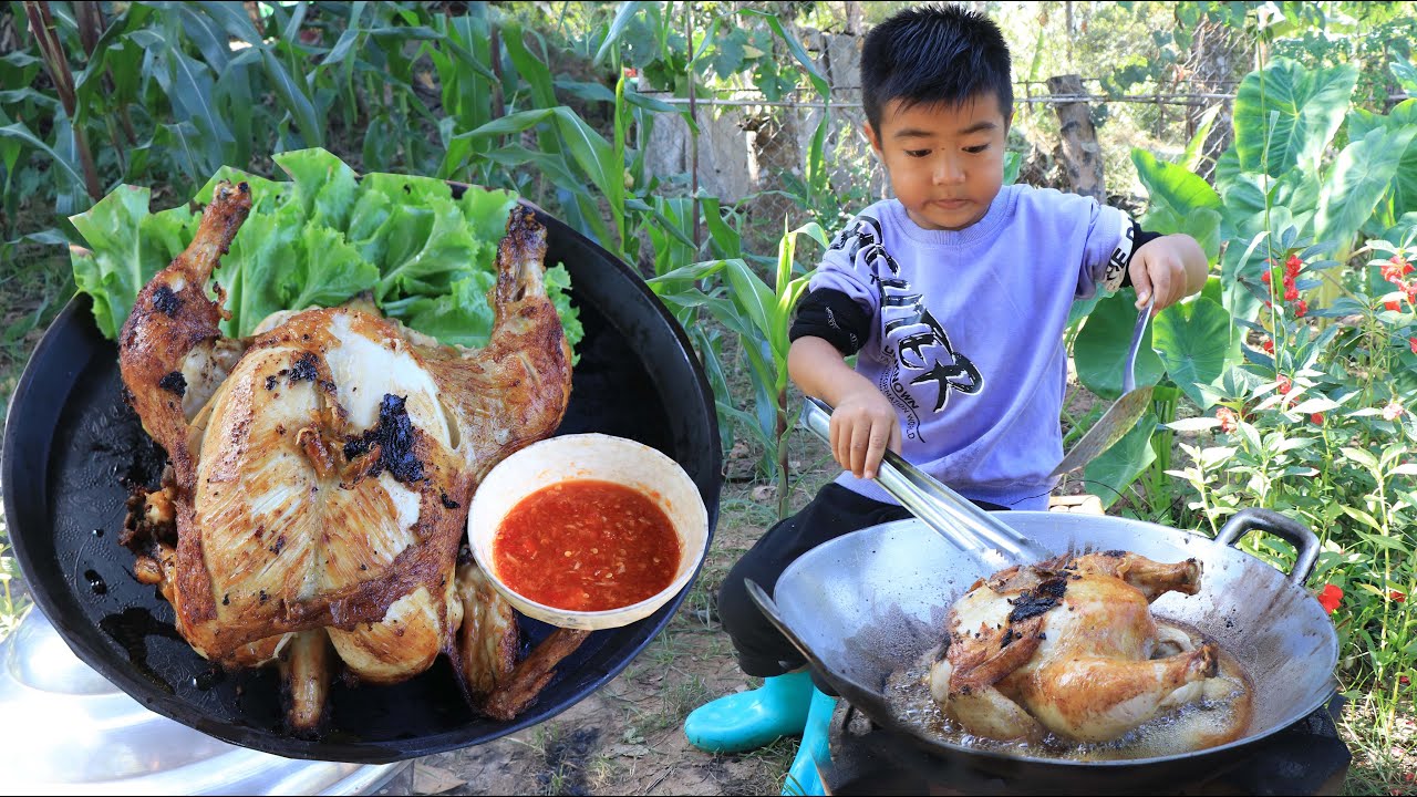 Little boy in countryside has a cooking skills / Little boy Seyhak ...