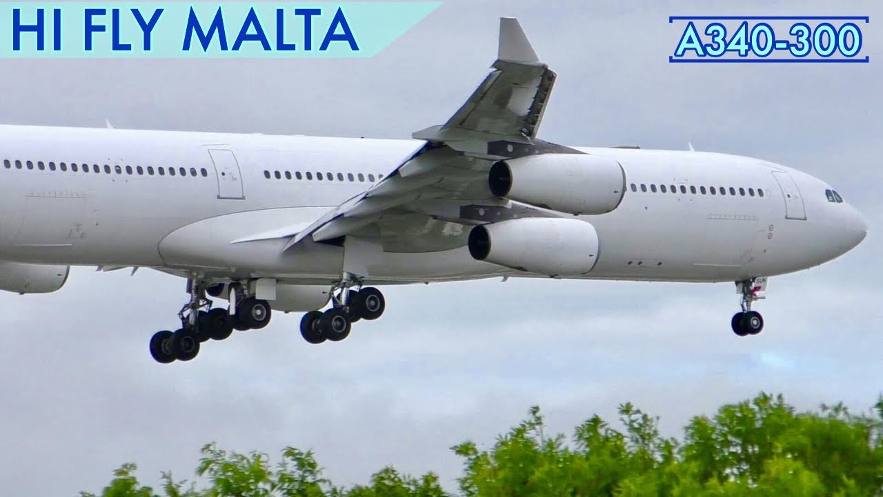 HI FLY MALTA Airbus A340-300 CLOSE UP Landing at Gatwick Airport, LGW ...