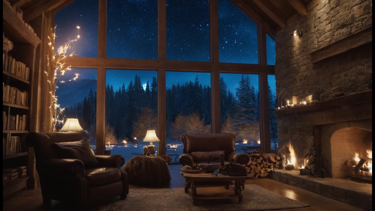 3 Hours of Relaxing Music & Fireplace Ambience | Cozy Library with ...