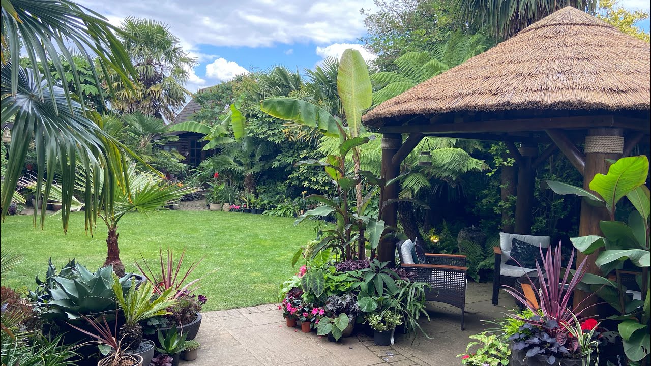 Tour of my new Tiki Hut. In my Tropical style garden U.K. - YouTube