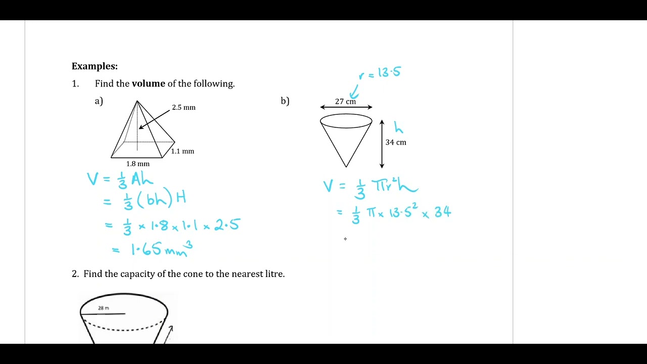 Yr 10 Adv Measurement and Surds 12 - Volume of pyramids and cones - YouTube