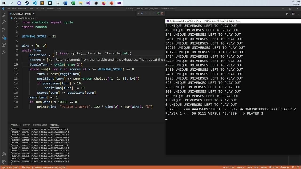 Python Explanation Correction for 2021 Advent of Code - Day 21 - Part 2 - Dirac Dice - YouTube