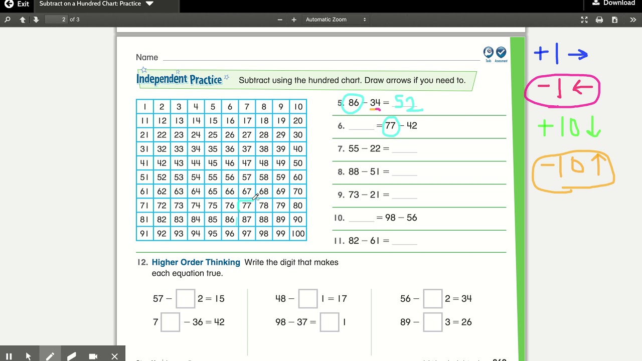 Subtracting on a Hundreds Chart - YouTube
