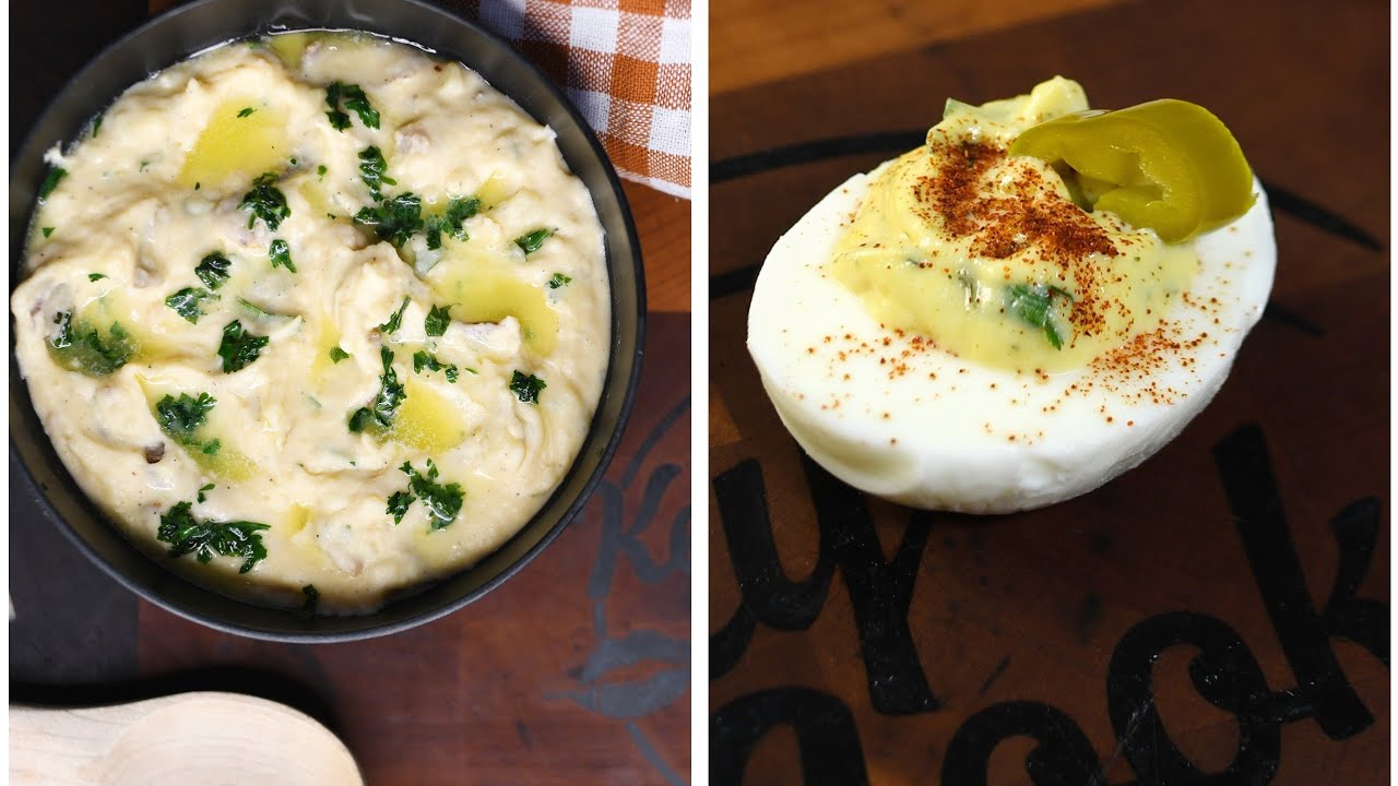 Dirty loaded mashed potatoes & Jalapeño Angel Eggs (deviled eggs) - YouTube