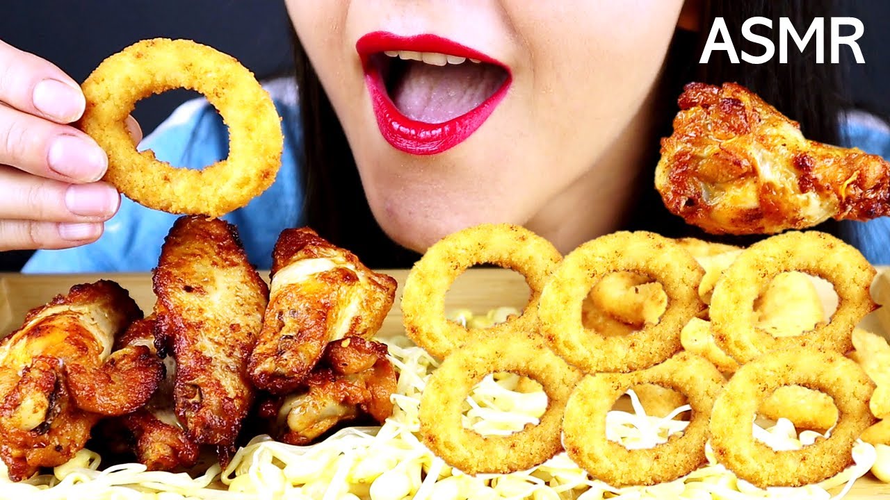 ASMR FRIED CHICKEN ONION RINGS + BEAN SPROUTS + SAUCE (No Talking ...