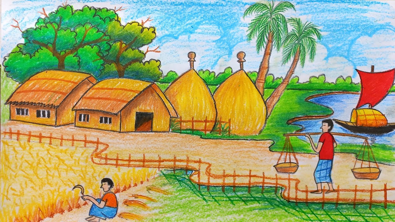 Village scene drawing | How to draw village | হেমন্তকালের দৃশ্য আকা ...