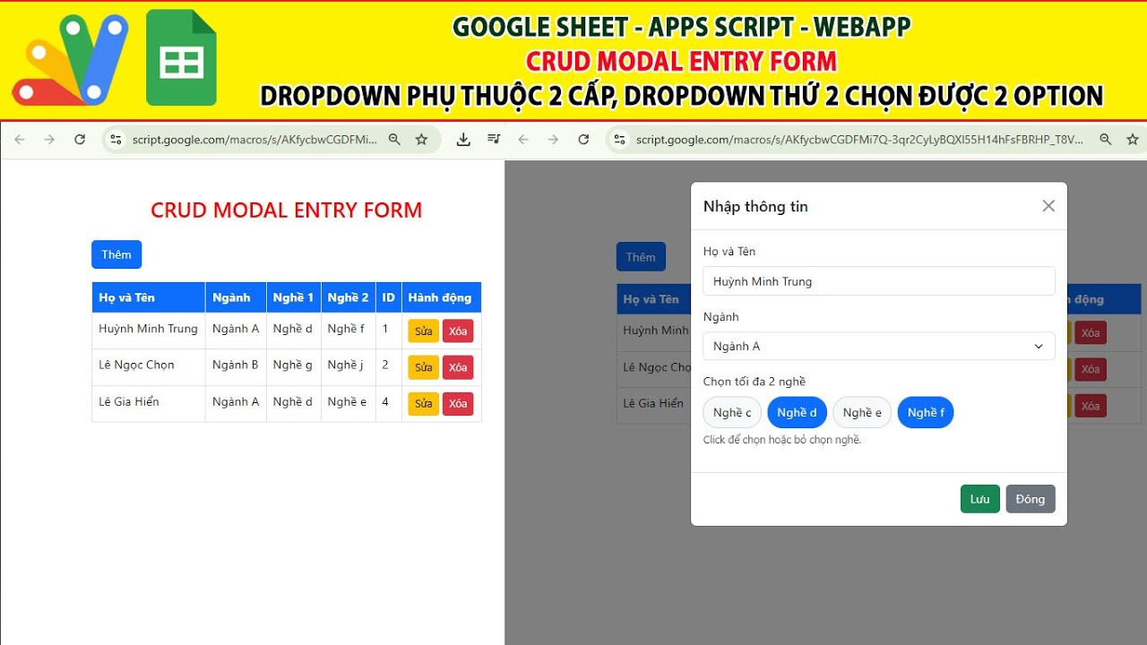 Google sheet Webapp Crud Modal Entry Form Dropdown phụ thuộc 2 cấp, dropdown 2 chọn nhiều lựa ...