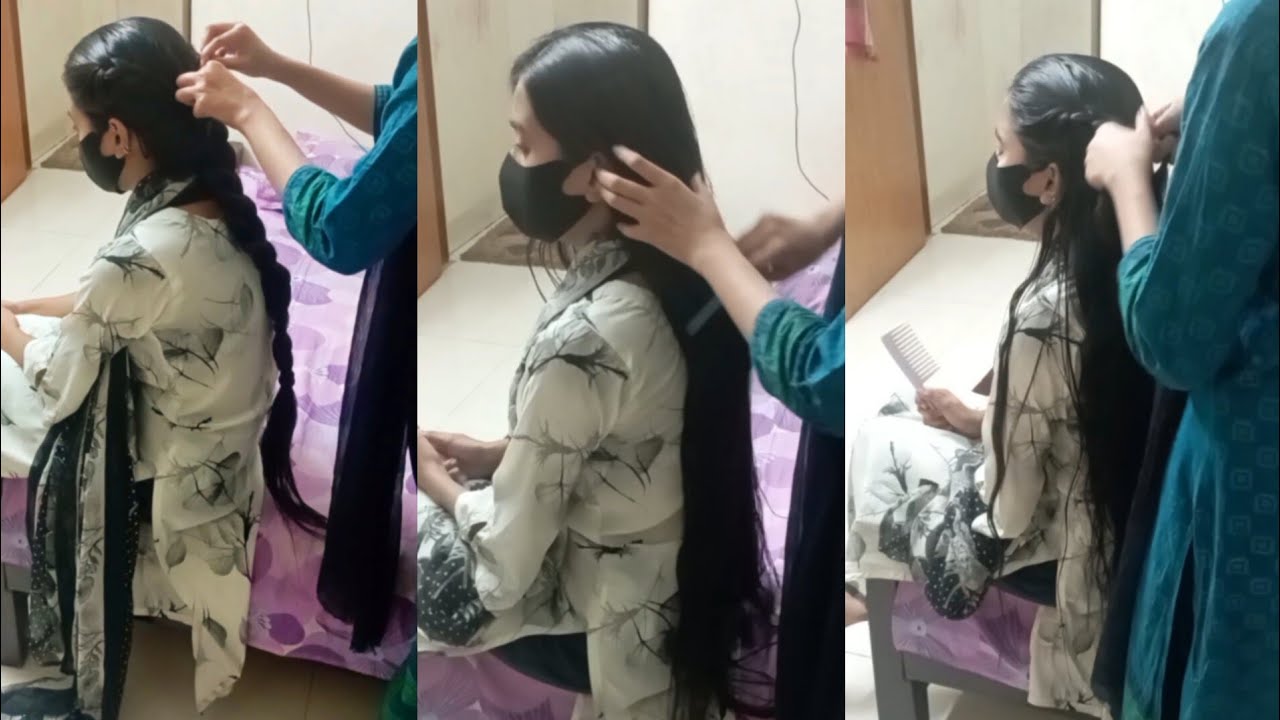 long hair oiling combing and making beautiful braid by friend - YouTube