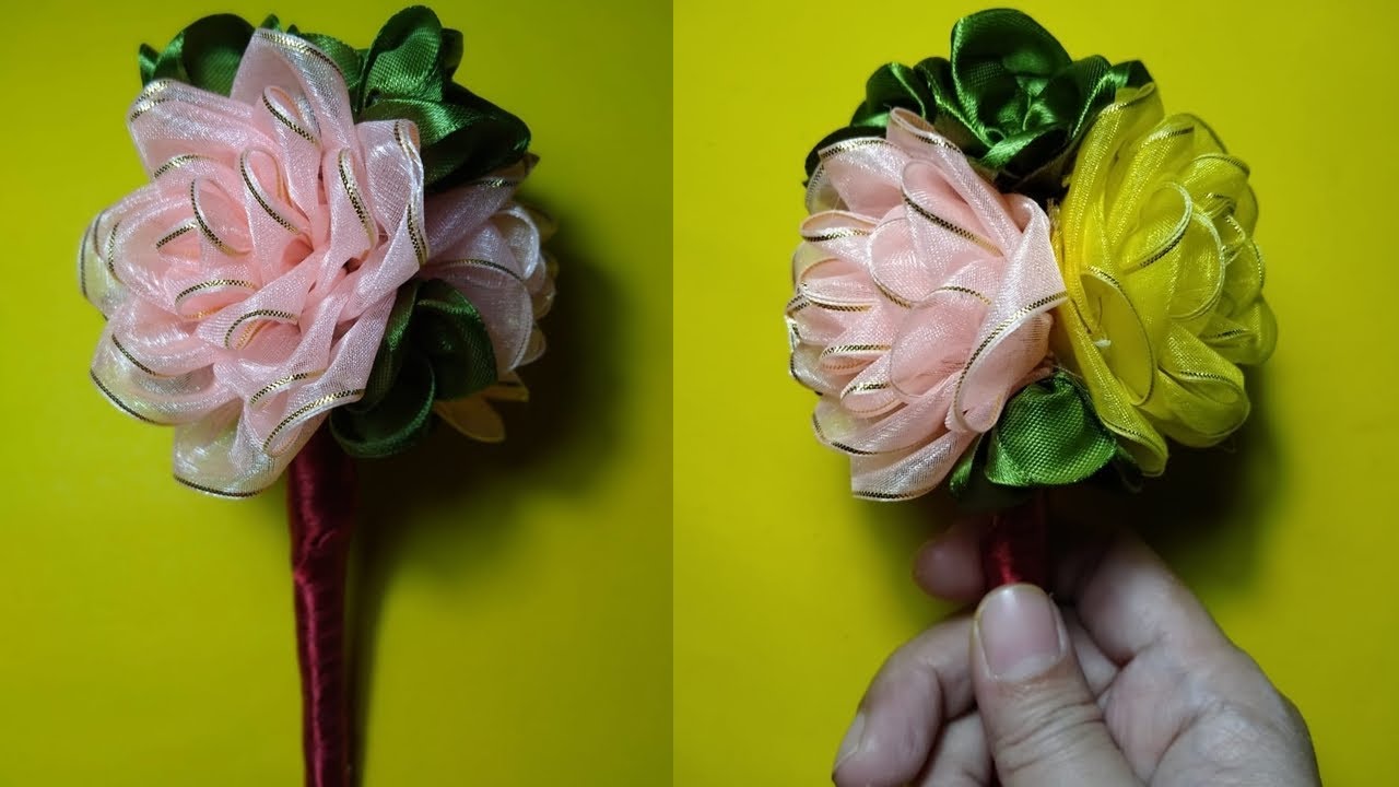 DIY || Tutorial Membuat Buket Bunga Minimalis Dari Pita Satin - YouTube