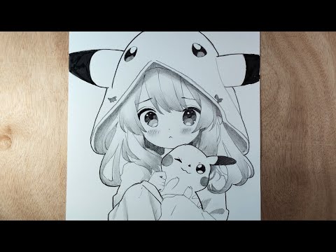 Easy Anime Drawing || Anime Girl with Cute Pikachu ✨