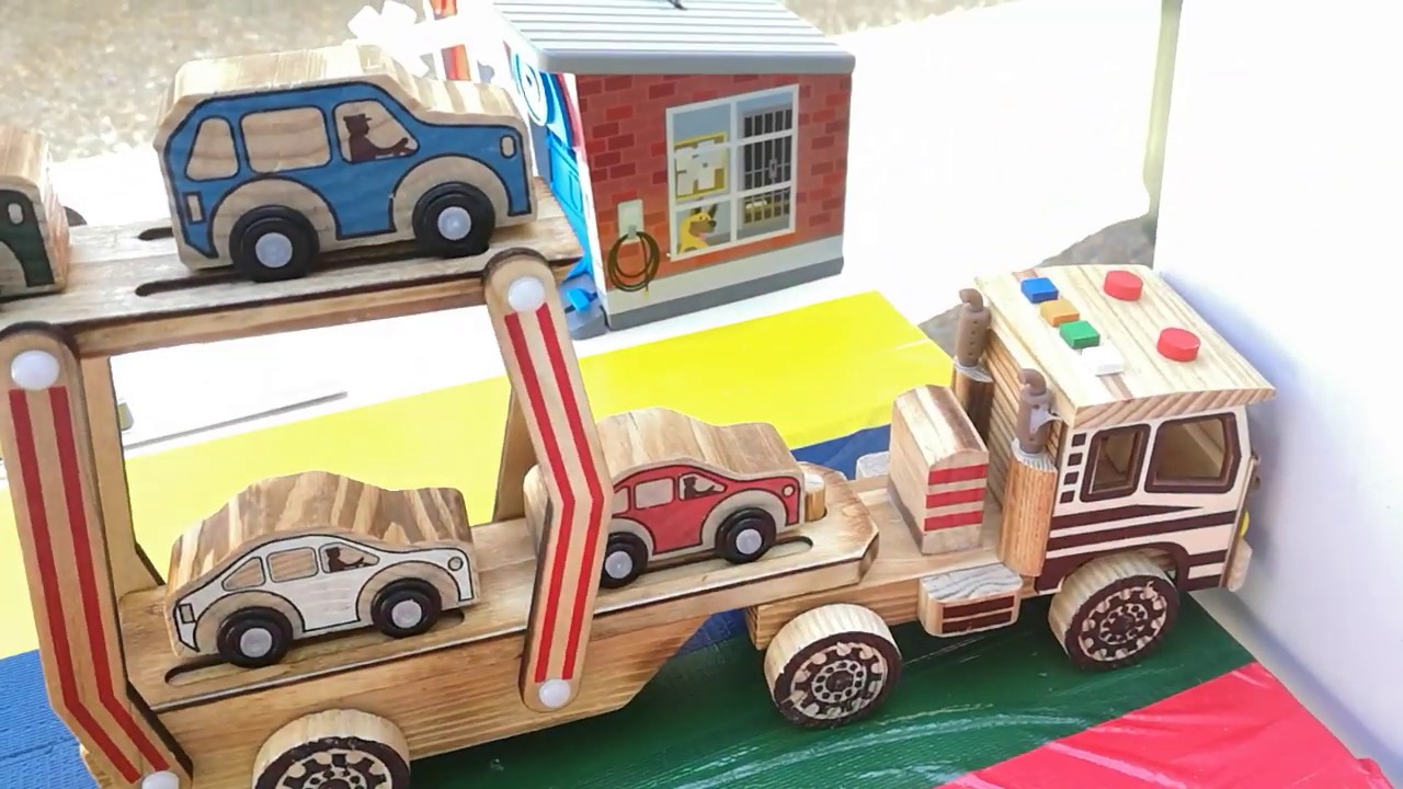 Wooden Toys Video about Toy Cars being transported by Trucks and Washed ...