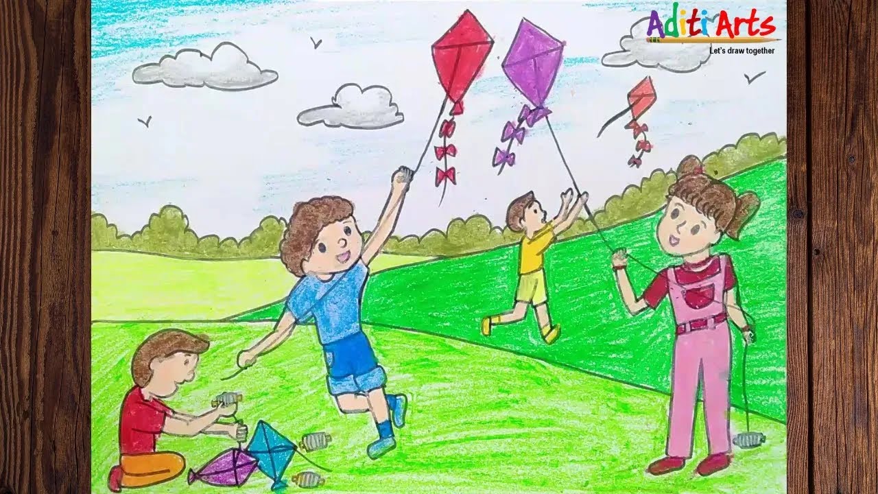 Kite Flying Drawing | Flying Kite Drawing | Pongal Festival Drawing ...