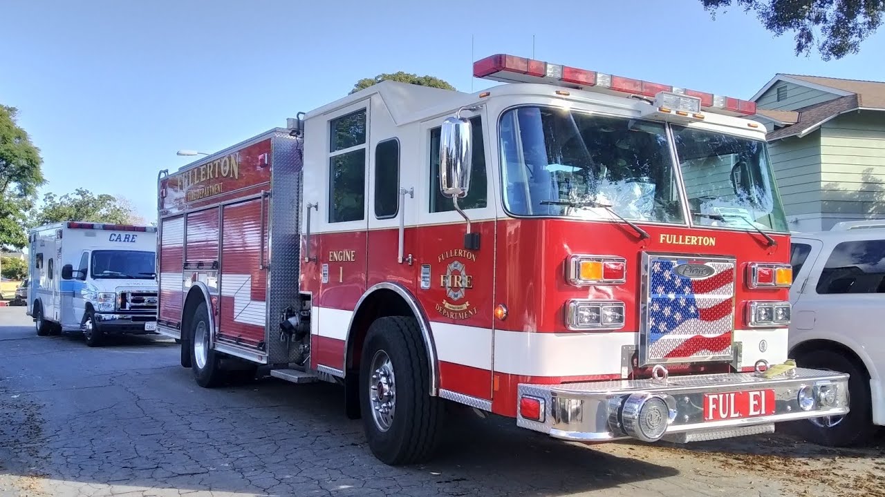 Fullerton Fire Department Engine 1 & Care Ambulance Service 383 Leaving ...
