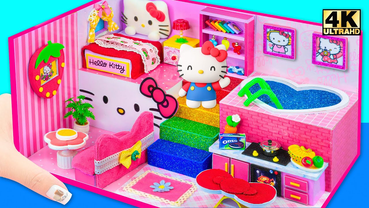 Build Hello Kitty Cardboard House with Rainbow Stair & Heart Pool 💕 DIY ...