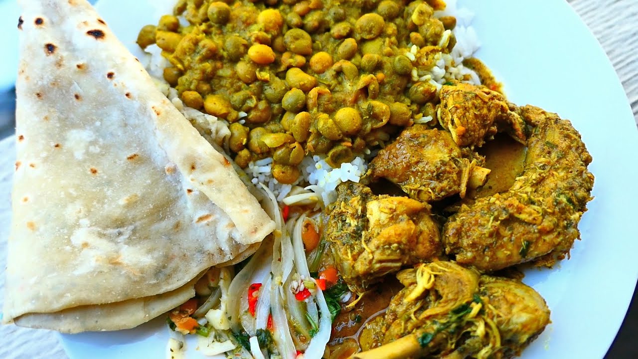 Aloo Roti, Curried Chicken, Peas Dhal & Onion-Pepper Chow (pickle ...
