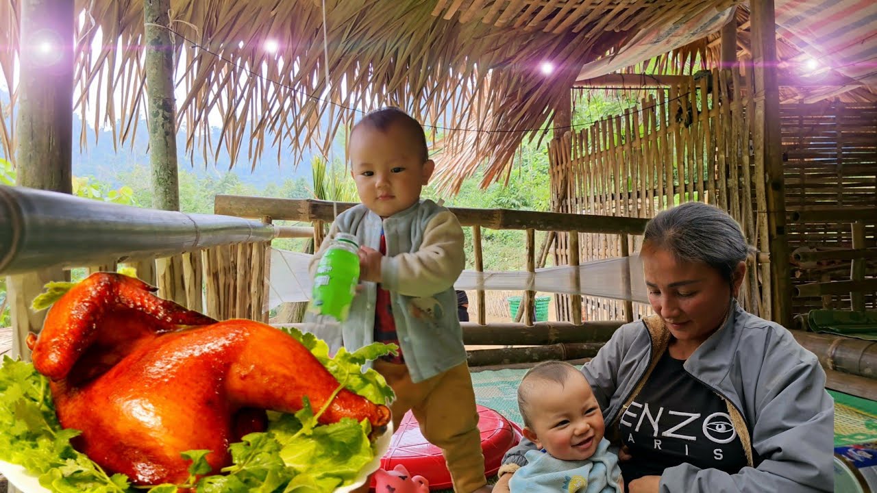 Mother and son cooked chicken to eat. Went home to make brooms and ...