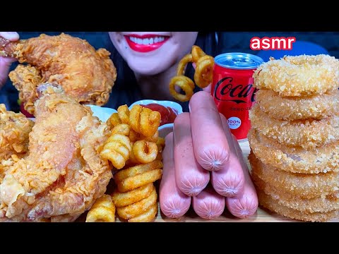ASMR CRUNCHY FRIED CHICKEN, CHEESE FILLED SAUSAGE, ONION RINGS, CURLY FRIES, MASSIVE Eating Sounds