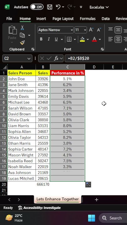 Calculate Performance % in Excel | Excel Hacks | Excel Tricks #shorts #shortsfeed #excel # ...