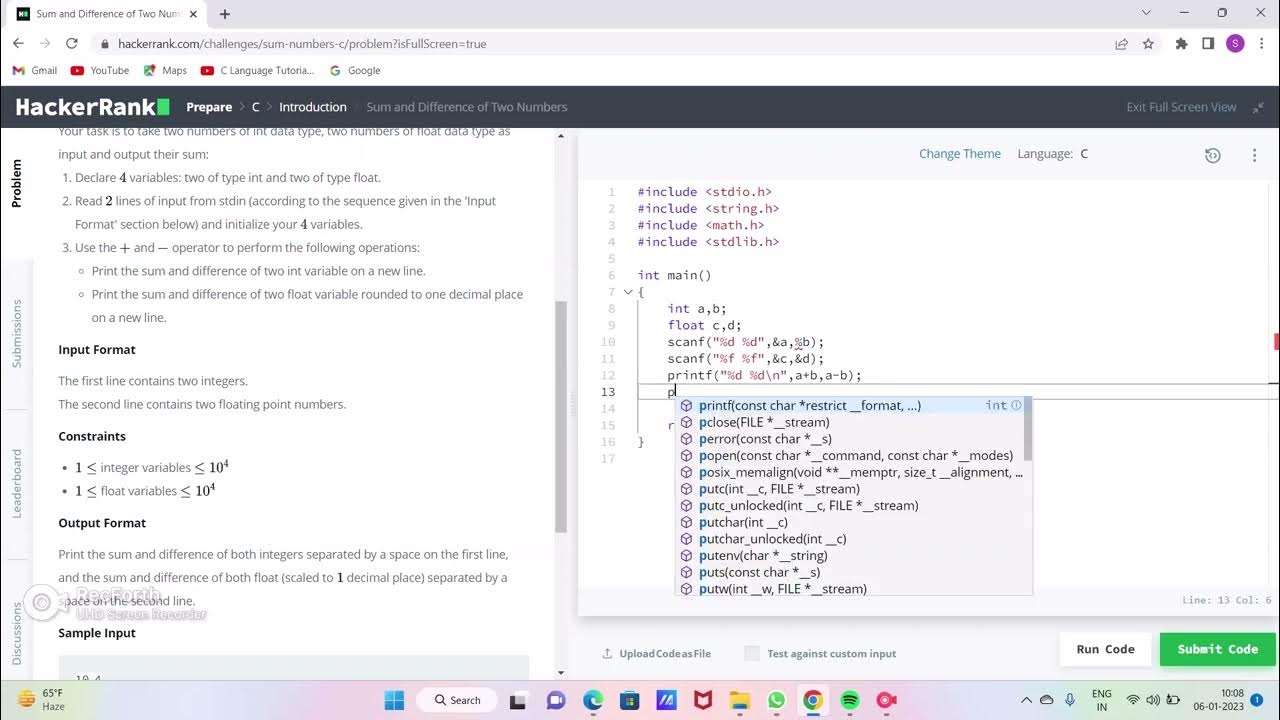 sum and difference of two numbers hacker rank c solution - YouTube
