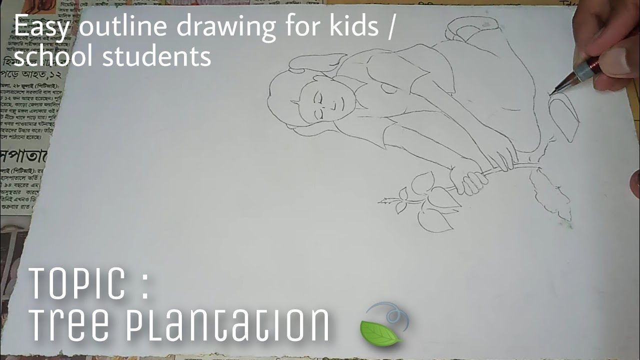 Drawing Tree Plantation : Environment Day in School : easy outline ...