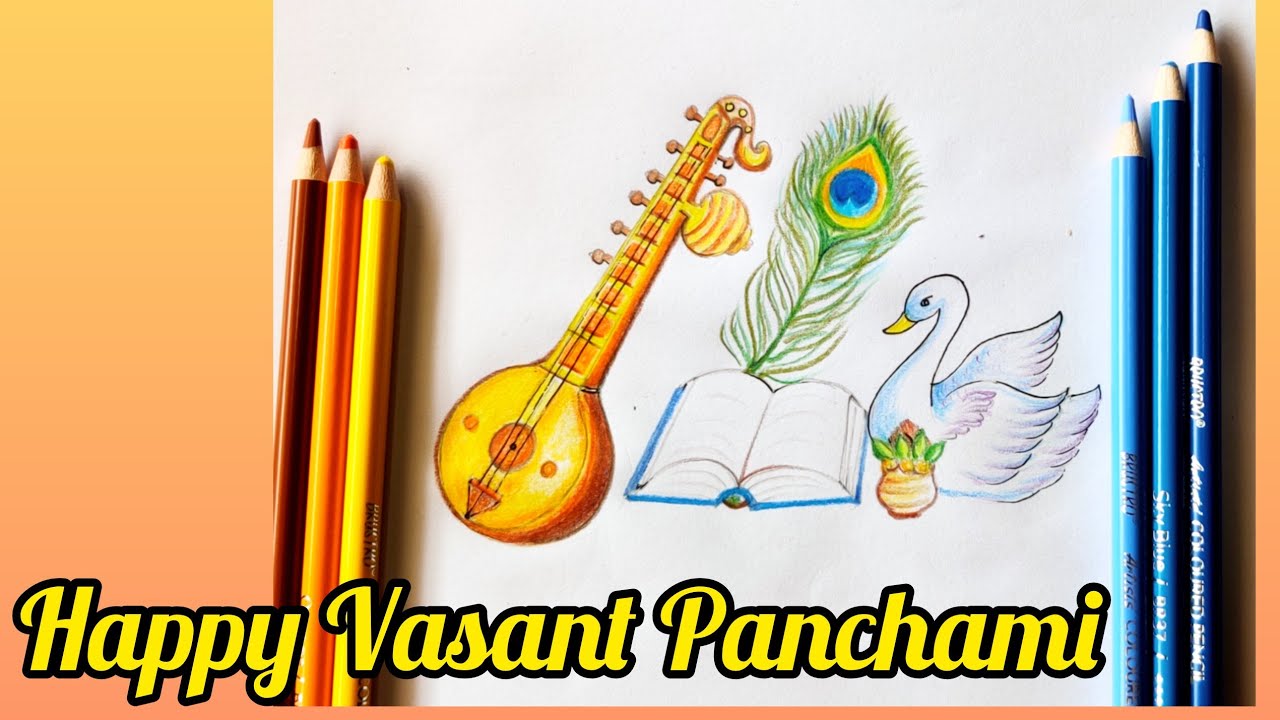 How to Draw a Beautiful Vasant Panchami Card | Saraswati Puja Card ...