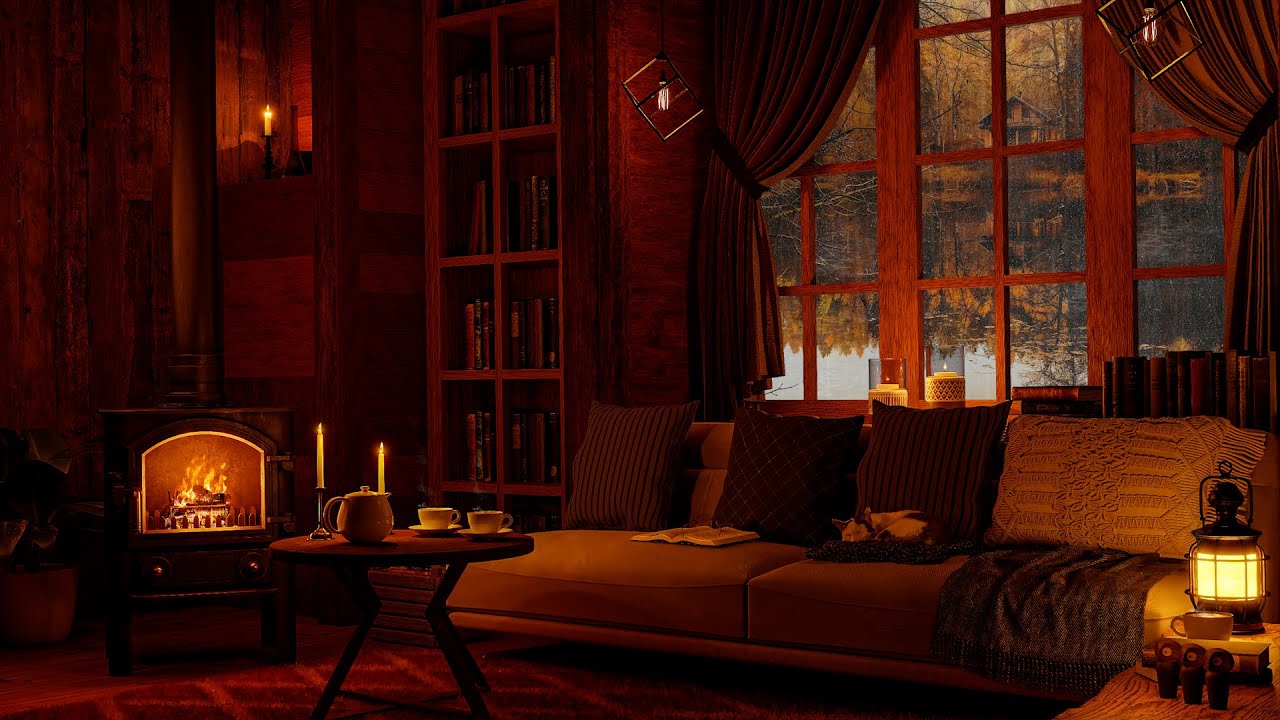 Rainy Autumn Day in Cozy Ambience with Relaxing Fireplace & Rain Sounds ...