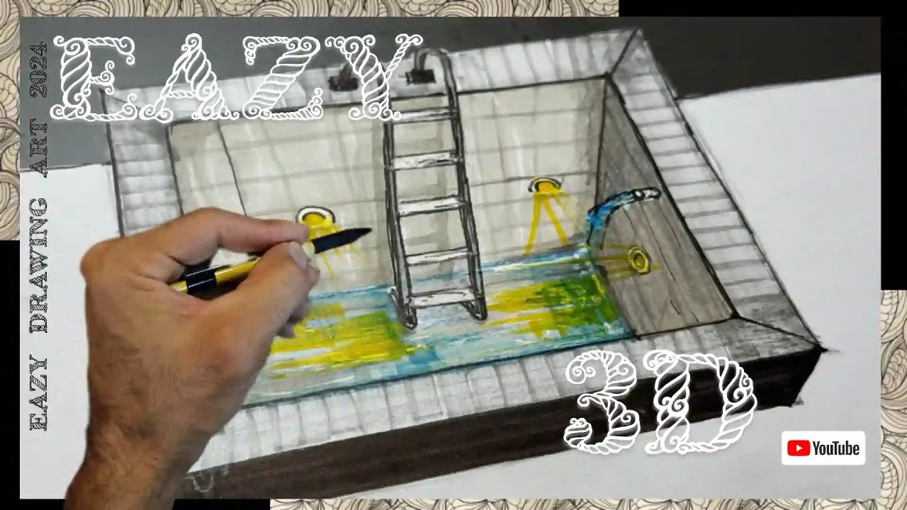 How to draw a 3D swimming pool easily, step by step 3D drawing of a ...