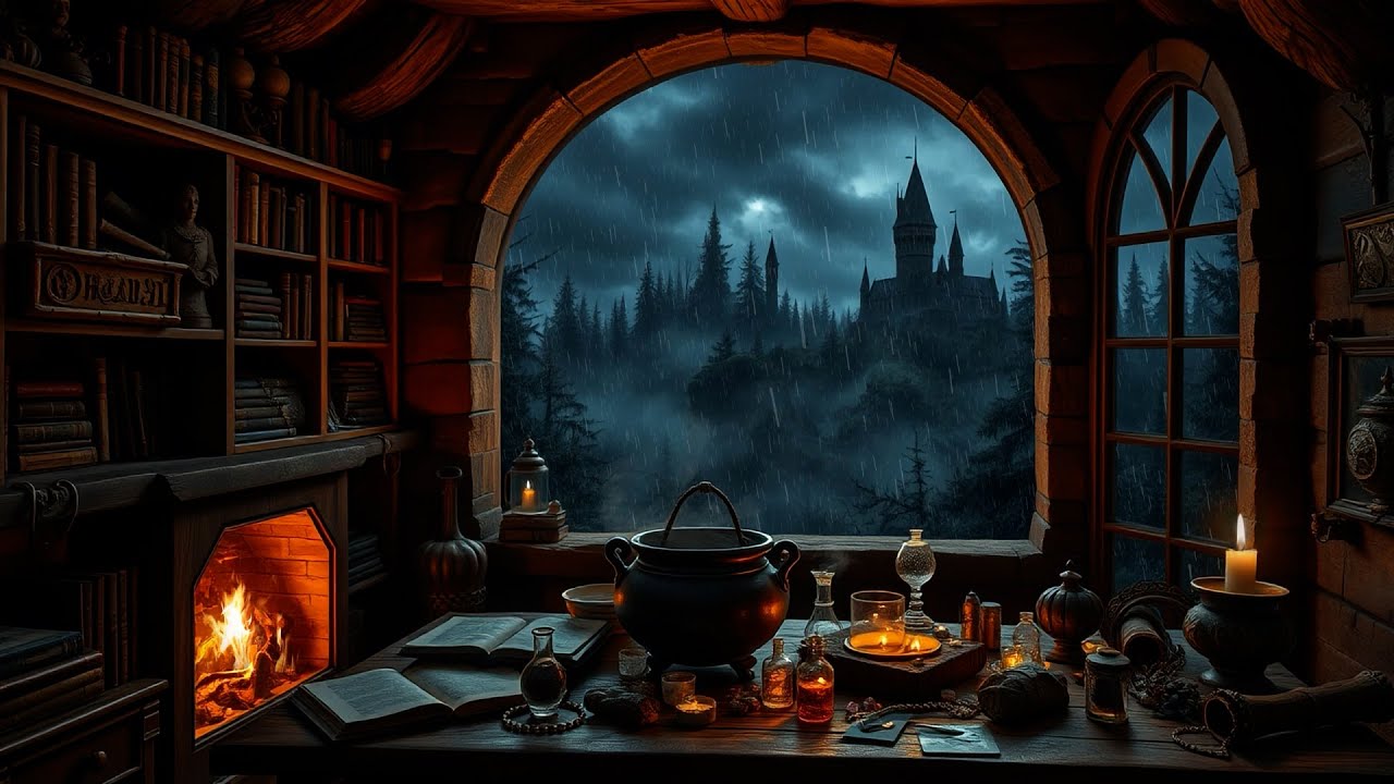 Magical Rainy Night - Fireplace and Rain Ambience in a Wizard’s Study ...