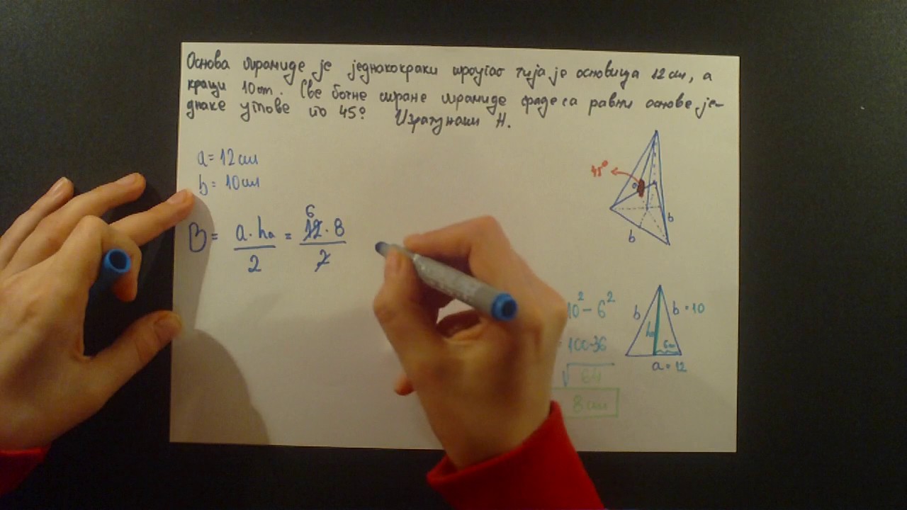 Trostrana piramida cija je osnova jednakokraki trougao. Izracunaj H ako ...
