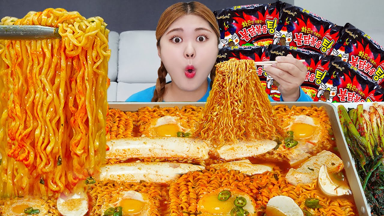 ASMR Tofu Ramen KOREAN Buldak noodles chicken MUKBANG by HIU 하이유 - YouTube
