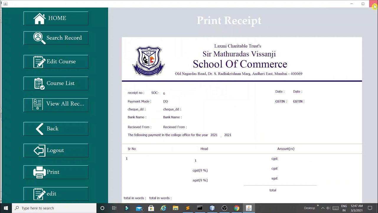 Part-18 JAVA- Fees Management System | Displaying data on reciept ...