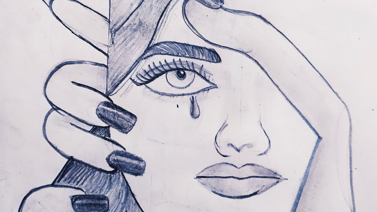 how to draw a sad girl face reflected on a broken mirror - YouTube