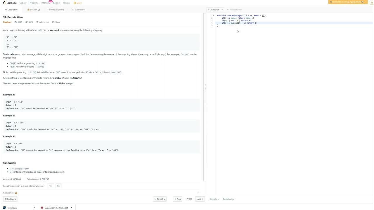 91. Decode Ways - JavaScript - Memoization - YouTube