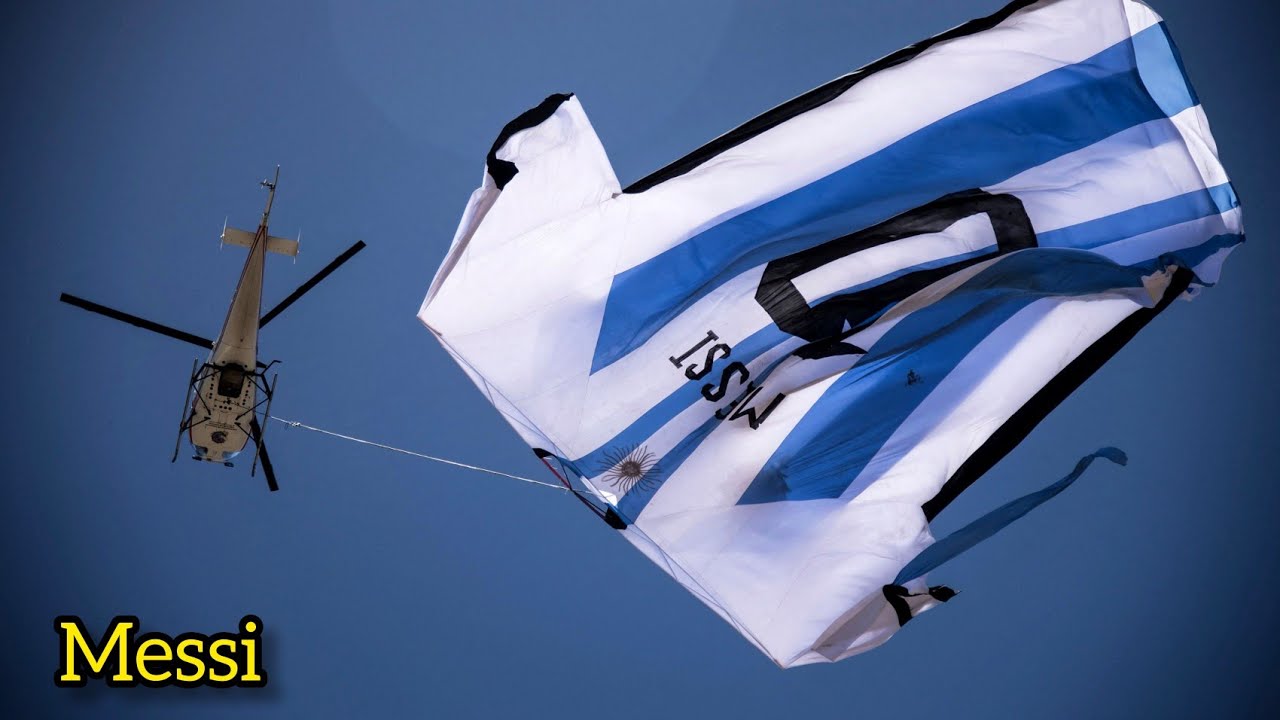 Video: A helicopter flying around a giant Lionel Messi Jersey in ...