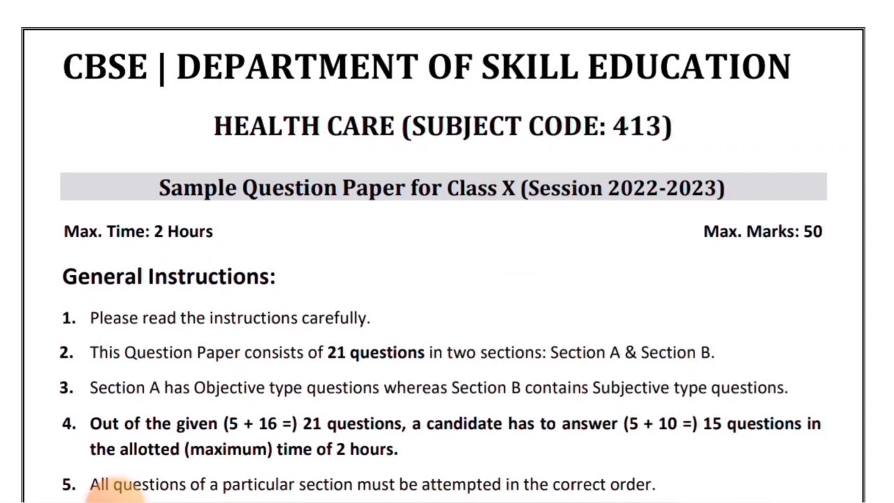 CBSE Class 10 HEALTH CARE 413 Sample Paper 2022 -23 full solution - YouTube