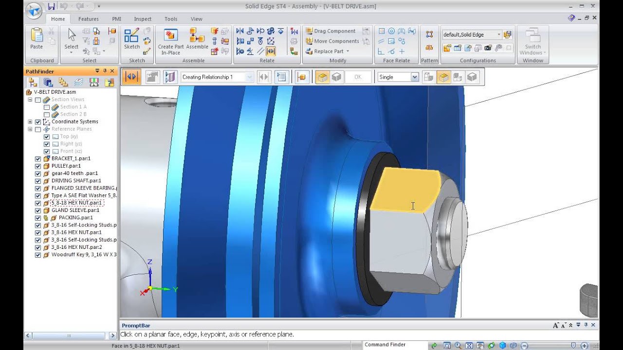 SOLID EDGE ST4 TUTORIAL - V-BELT DRIVE ASSEMBLY - PART 9/18 - WOODRUFF KEY - YouTube