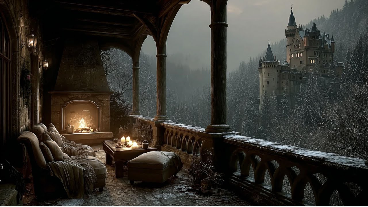 Snowy Winter Balcony by the Castle | Cozy Fireplace & Dark Academia ...