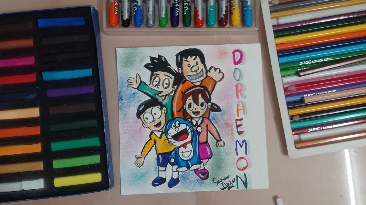 How to draw doreamon with Nobita, sizuka, jiyan//doreamon brush pen ...