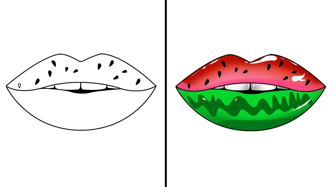 how to draw watermelon lips ||step by step || glossy lips drawing - YouTube