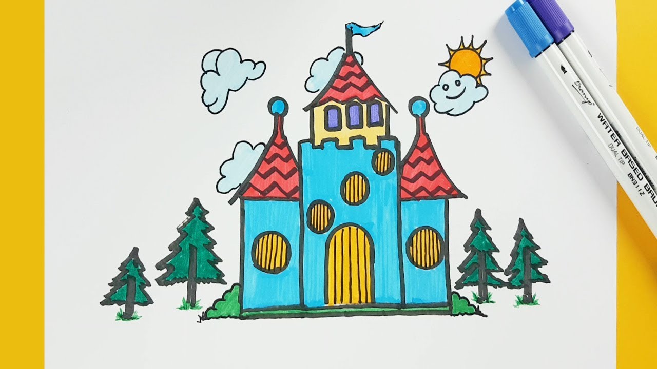 Draw and Coloring King House with Christmas Tree,Cloud & Sun | Draw a ...