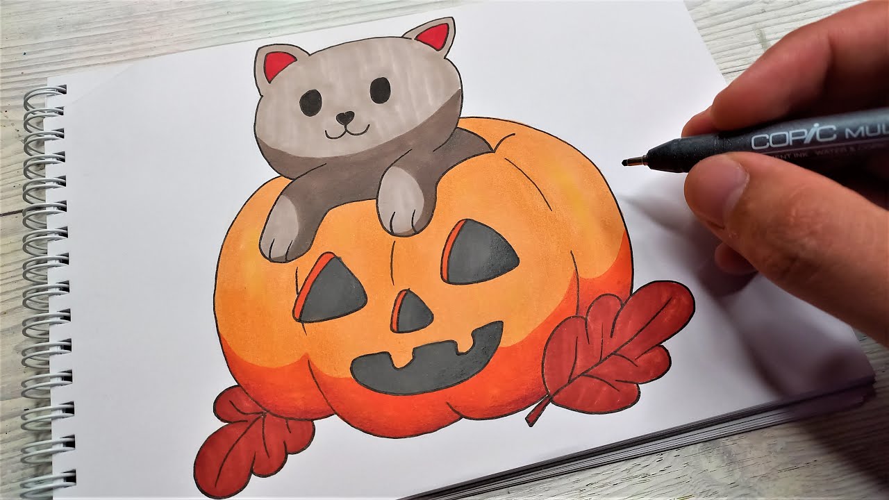 Desen de TOAMNA 🎃 PISICA in DOVLEAC de HALLOWEEN 🐈 Invata sa Desenezi ...