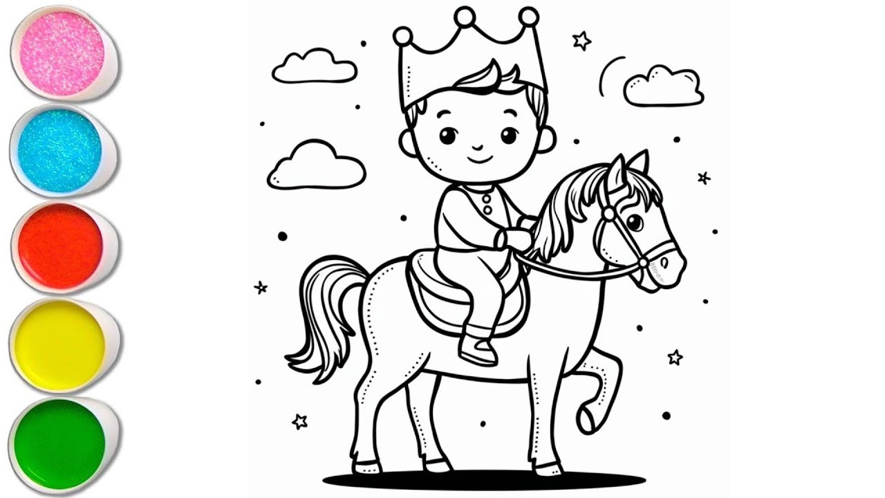 Drawing & Coloring A Prince riding horse Drawing for kids | Let's Draw ...
