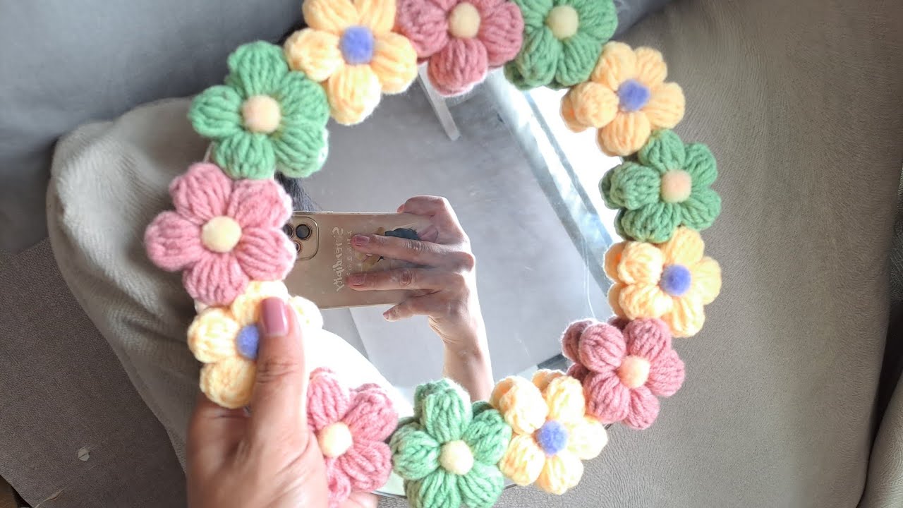 #55 How to crochet puff flower round mirror | crochet flower | crochet ...