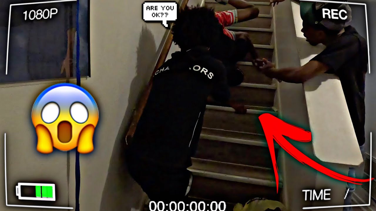 EXTREME FALLING DOWN THE STAIRS PRANK ON THE GANG !! - YouTube