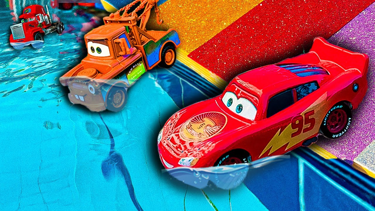 Disney Pixar Cars fall into the water: Lightning McQueen, Chick Hicks ...