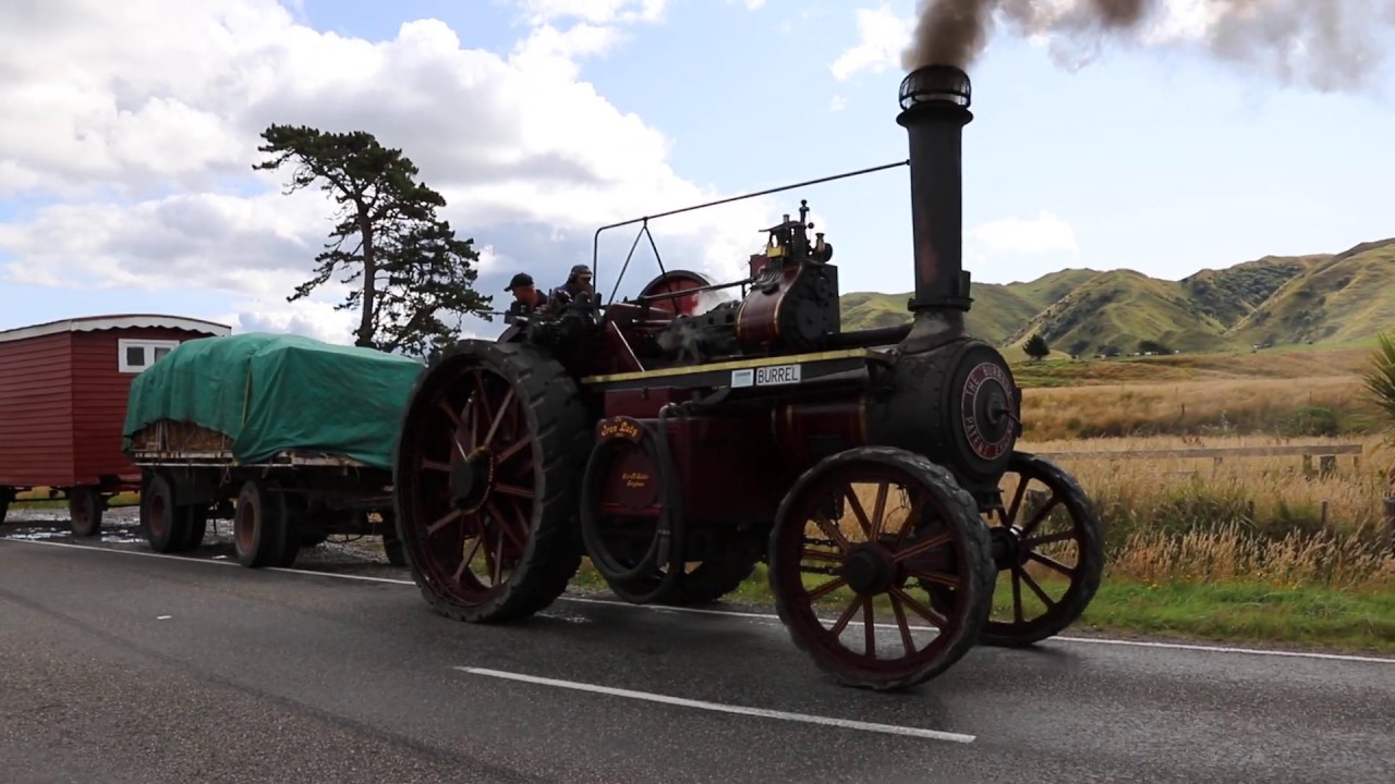 A Burrell traction engine on the highway in northern Wairarapa, New ...
