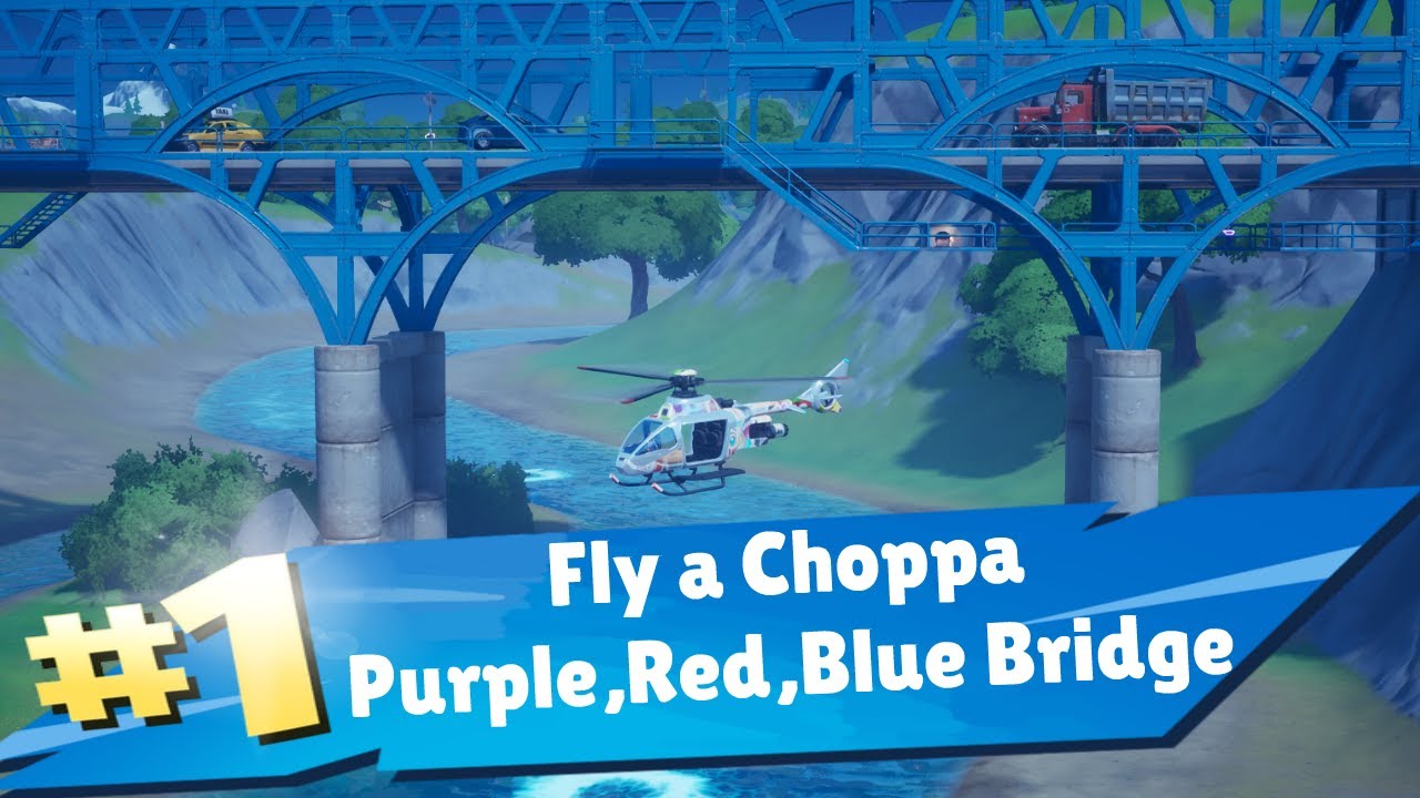 Fly a Chopper Under Purple, Red, and Blue Steel Bridges Fortnite week 8 ...